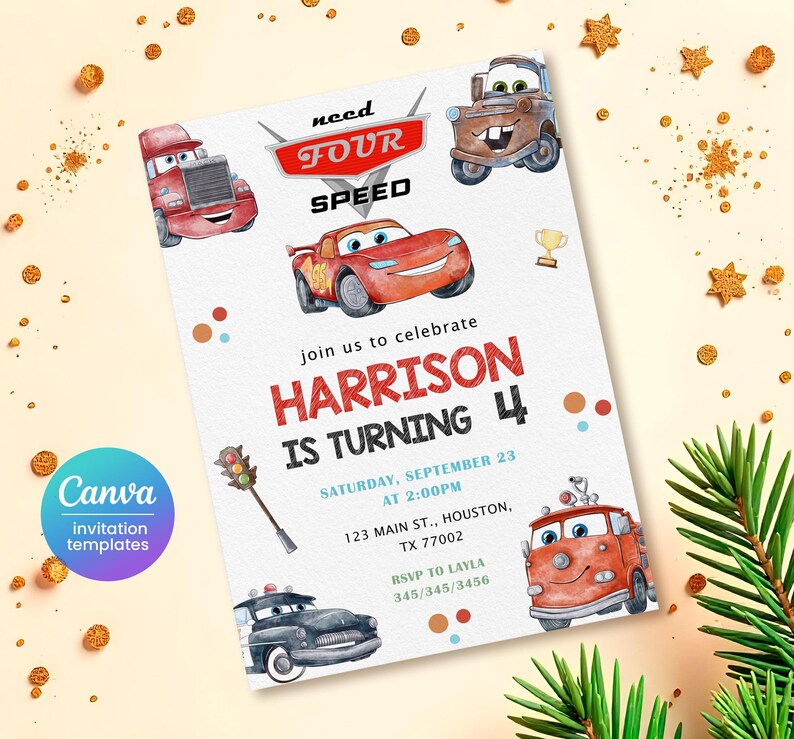 Cars Invitation, Lightning Mcqueen Invite, Printable Birthday Party ...