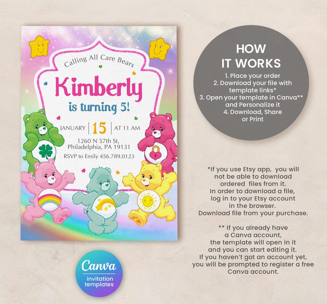 Care Bears Birthday Invitation, Printable Editable Birthday Party ...