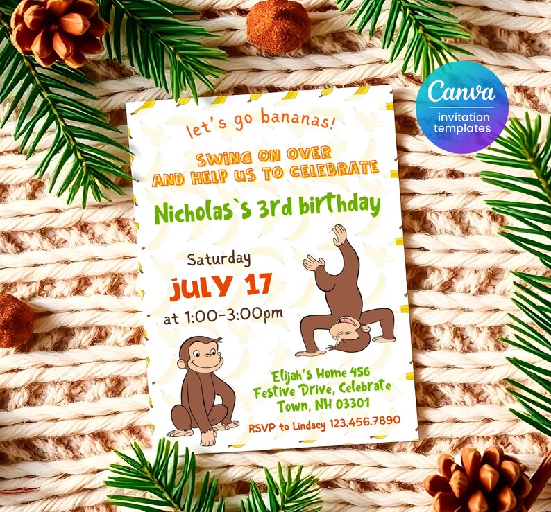 Curious George Birthday Invitation, Printable Monkey Invite, Ape Invite ...