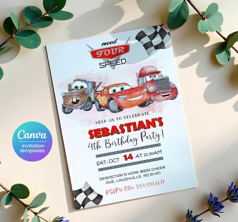 Cars Invitation, Lightning Mcqueen Invite, Printable Birthday Party ...
