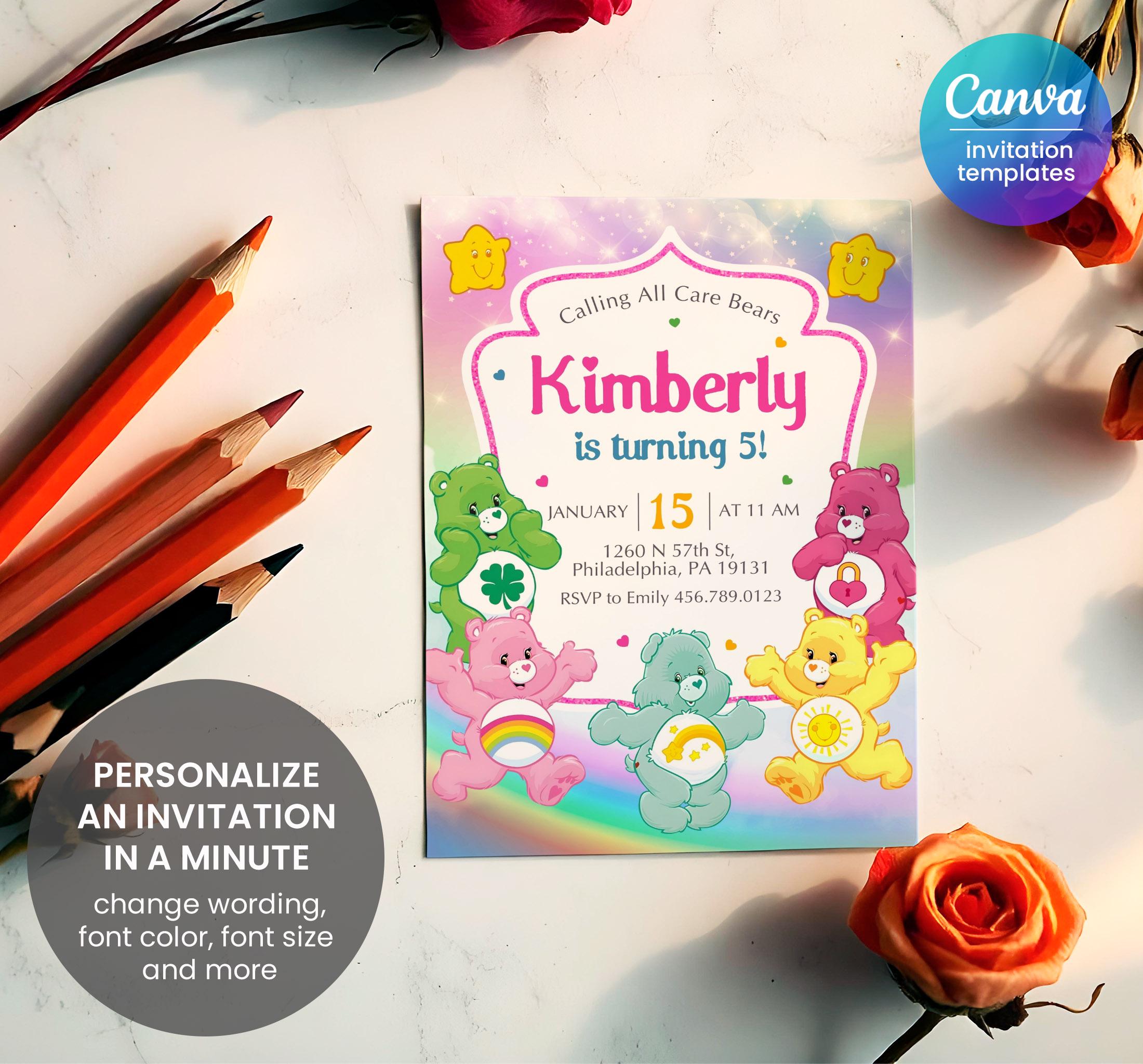 Care Bears Birthday Invitation, Printable Editable Birthday Party ...