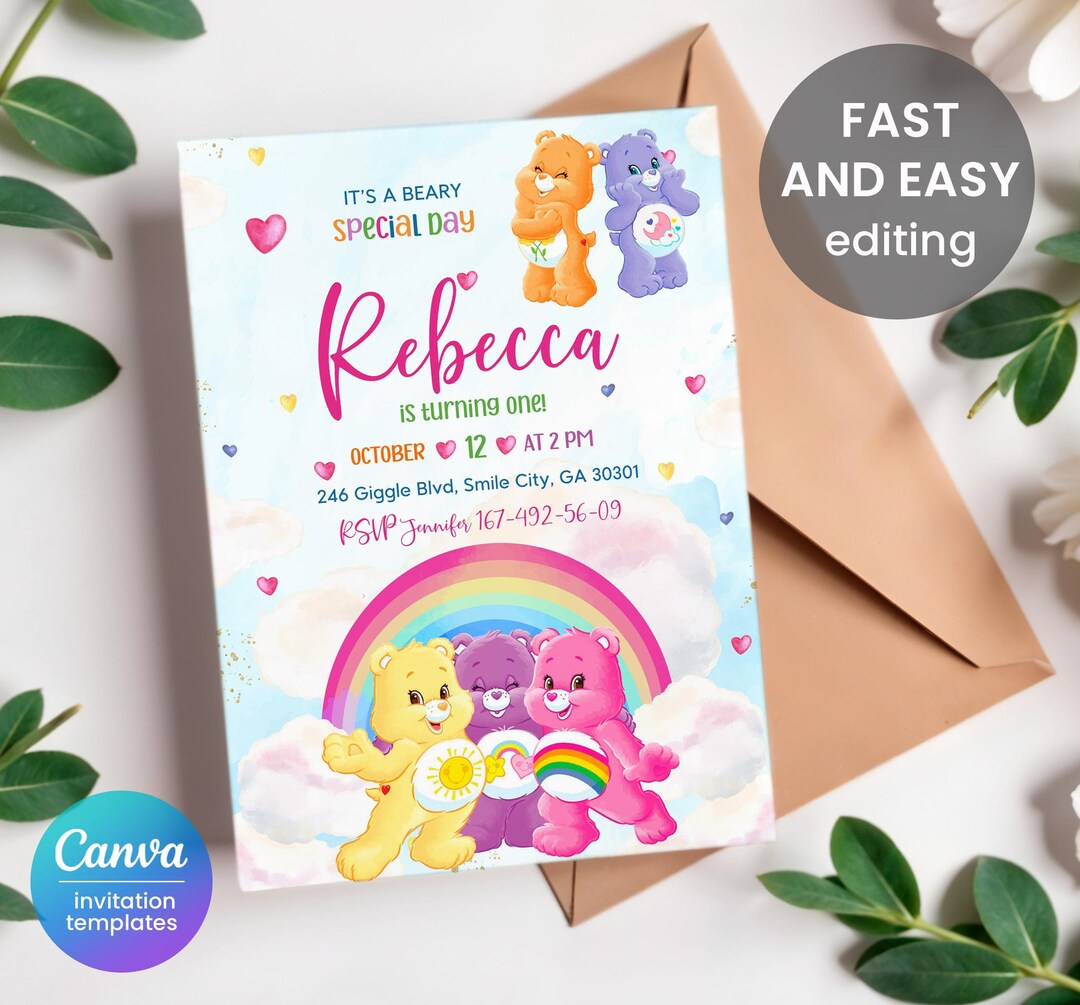 Care Bears Birthday Invitation, Printable Editable Birthday Party ...