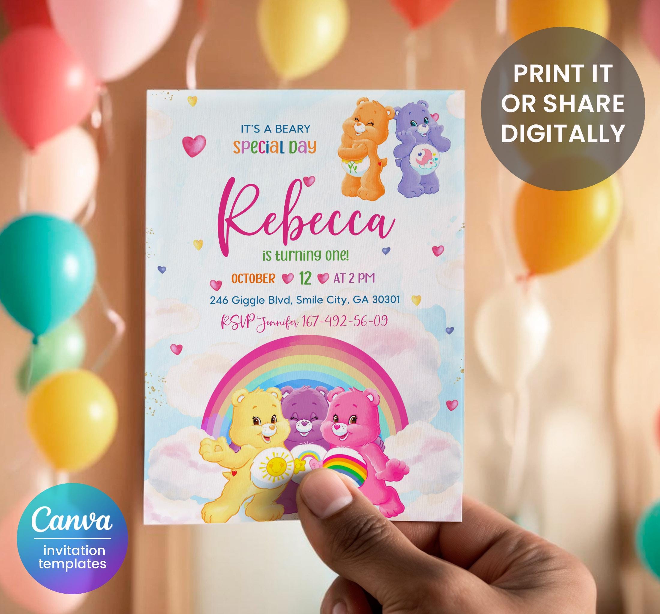 Care Bears Birthday Invitation, Printable Editable Birthday Party ...