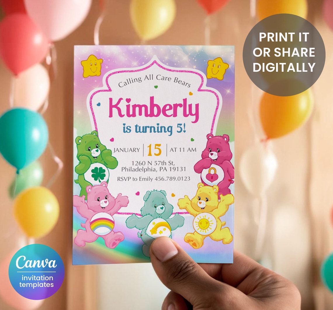Care Bears Birthday Invitation, Printable Editable Birthday Party ...