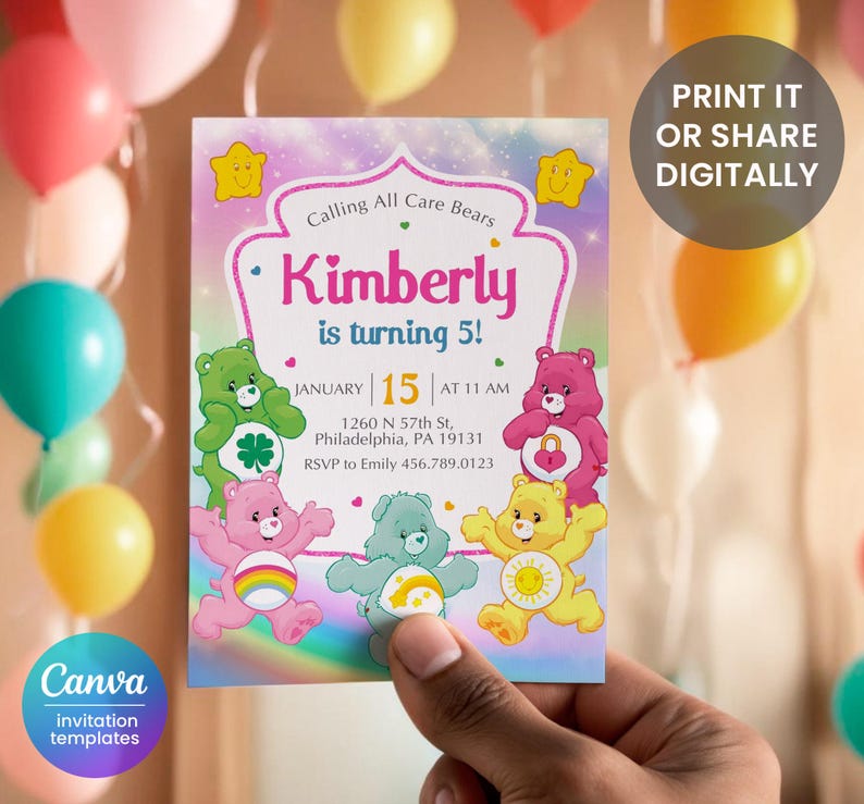 Care Bears Birthday Invitation, Printable Editable Birthday Party ...