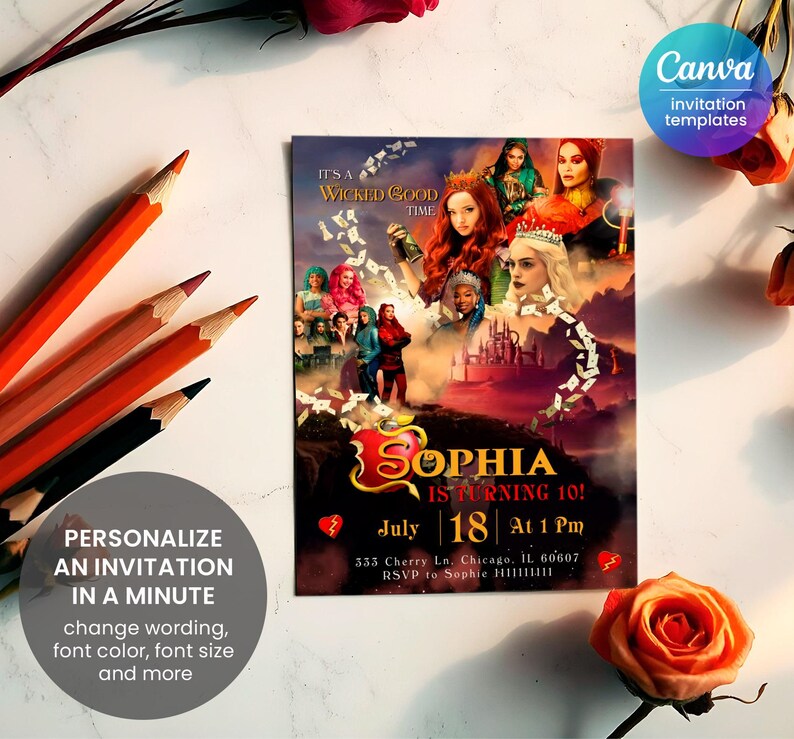 Descendants Rise of Red Invitation, Printable Editable Birthday Invite ...