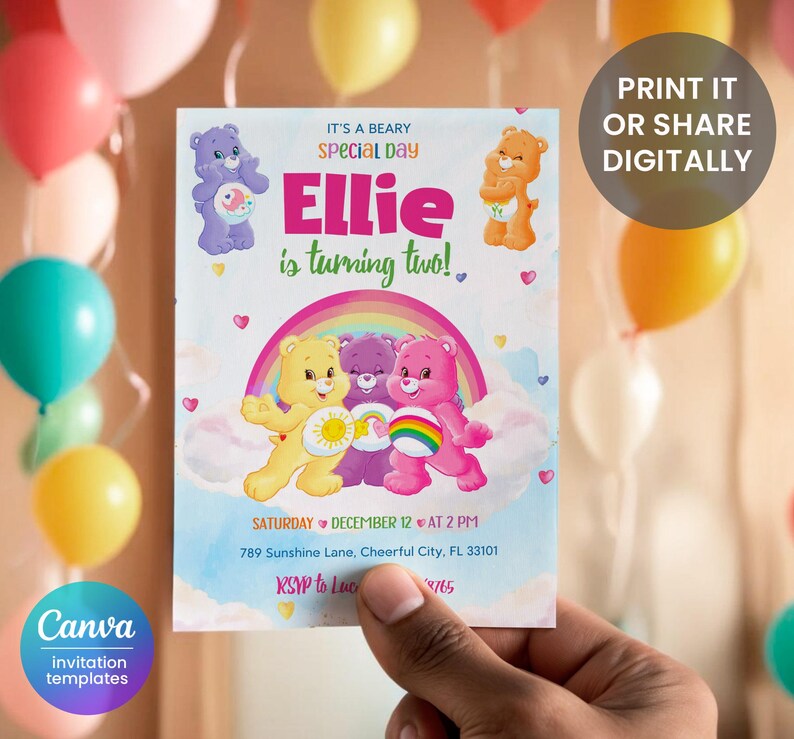 Care Bears Birthday Invitation, Printable Editable Birthday Party ...