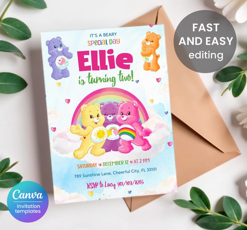 Care Bears Birthday Invitation, Printable Editable Birthday Party ...