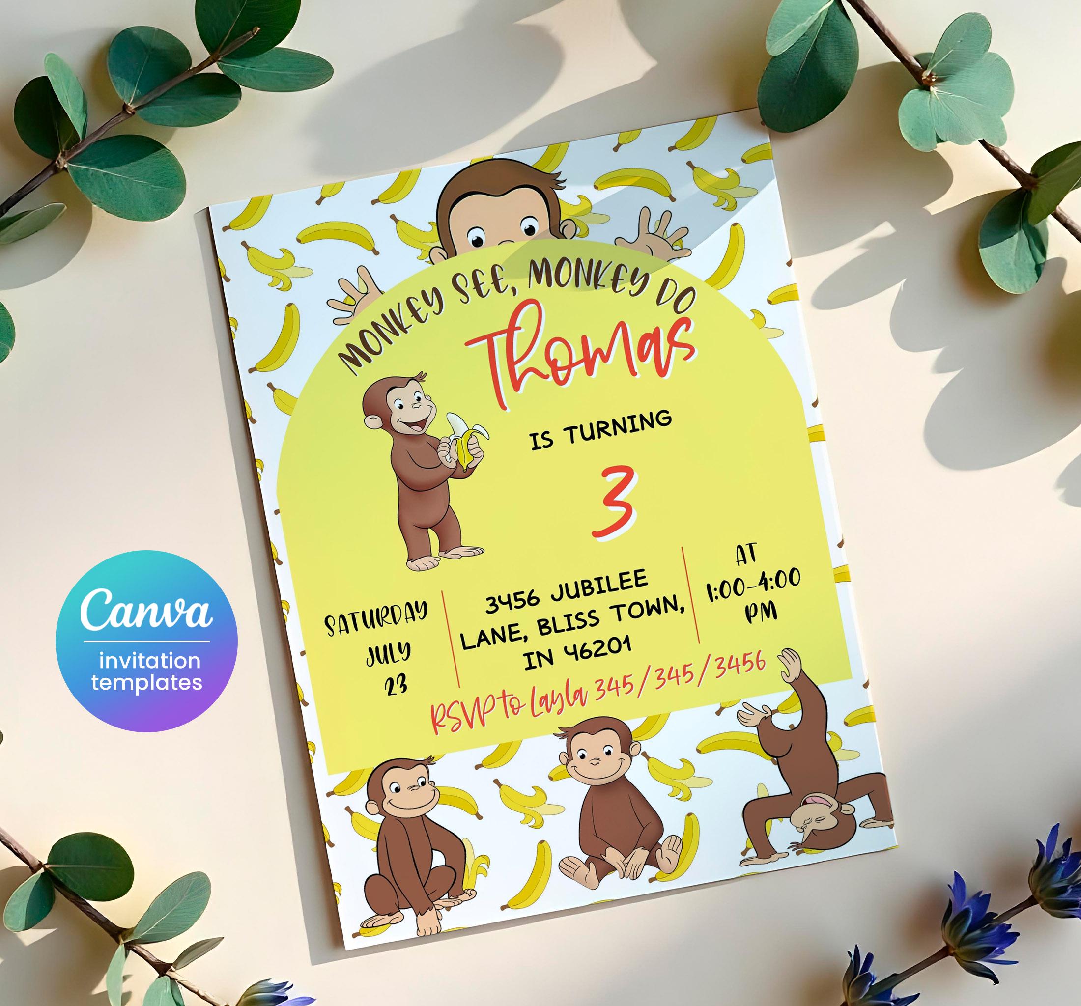 Curious George Birthday Invitation, Printable Monkey Invite, Ape Invite ...