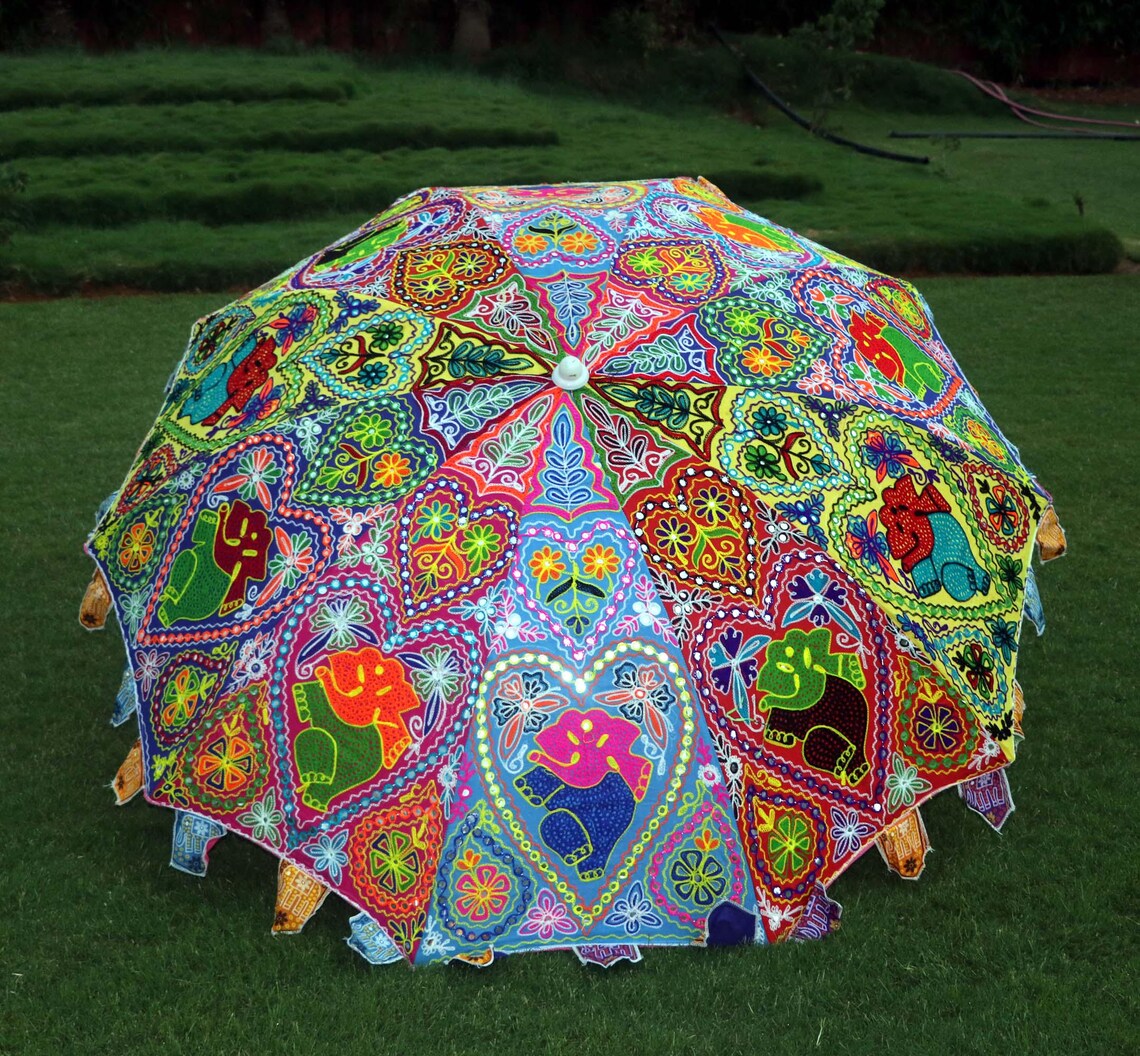 Embroidery Elephant Printed Design Garden Parasol Handmade Multi Colour ...