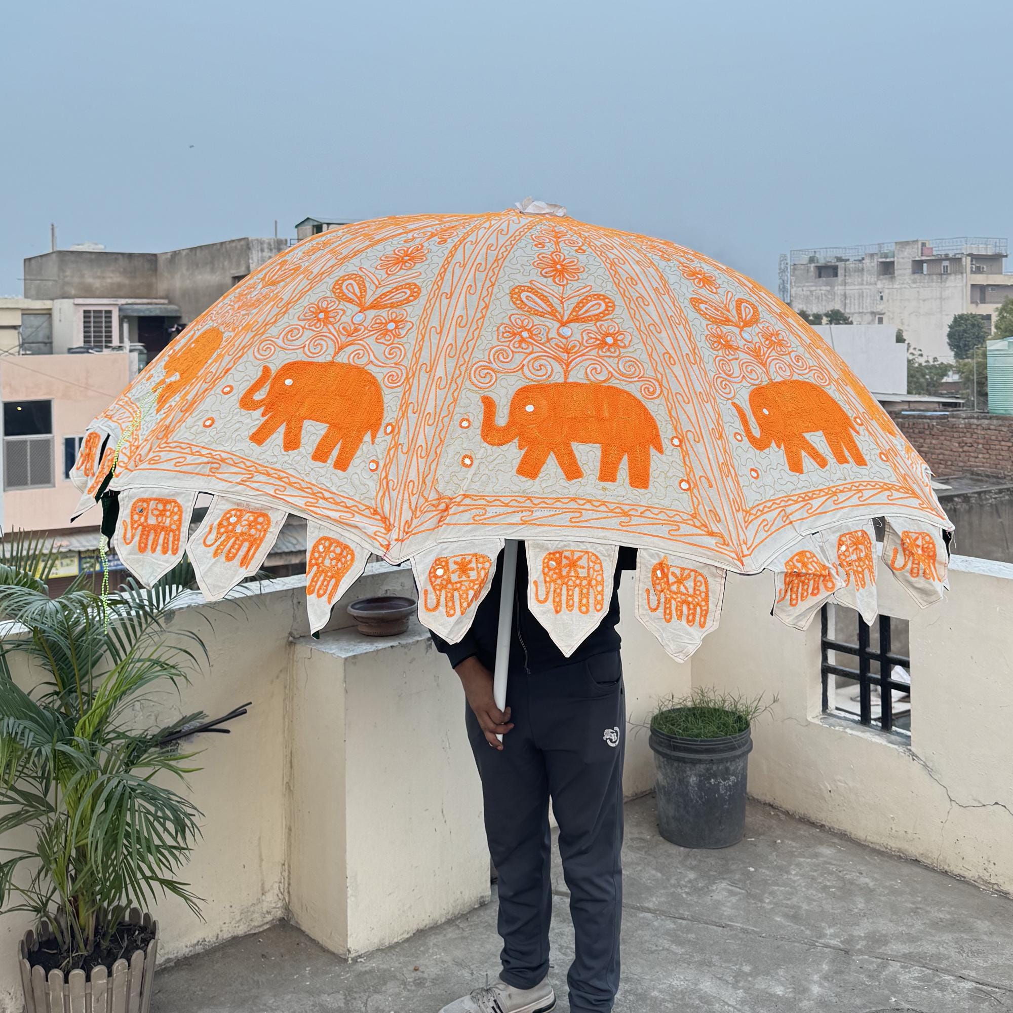 Handmade Garden Parasol, Pure Embroidery Work Light Orange Colour ...