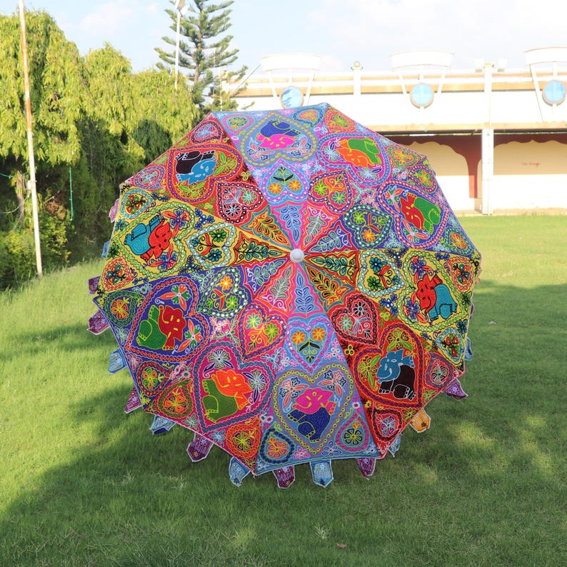 Embroidery Elephant Printed Design Garden Parasol Handmade Multi Colour ...
