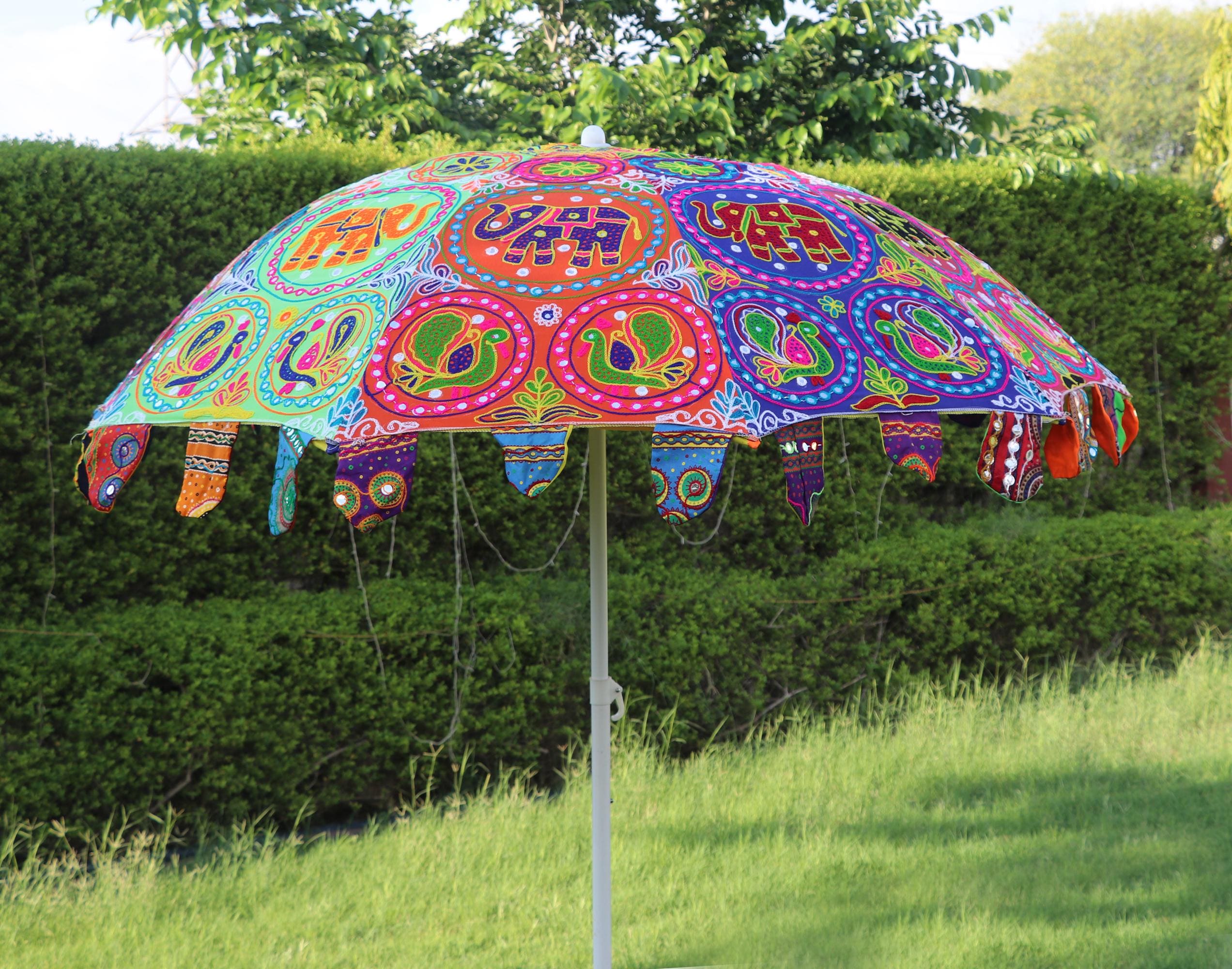 Embroidery Elephant Printed Design Garden Parasol Handmade Multi Colour ...