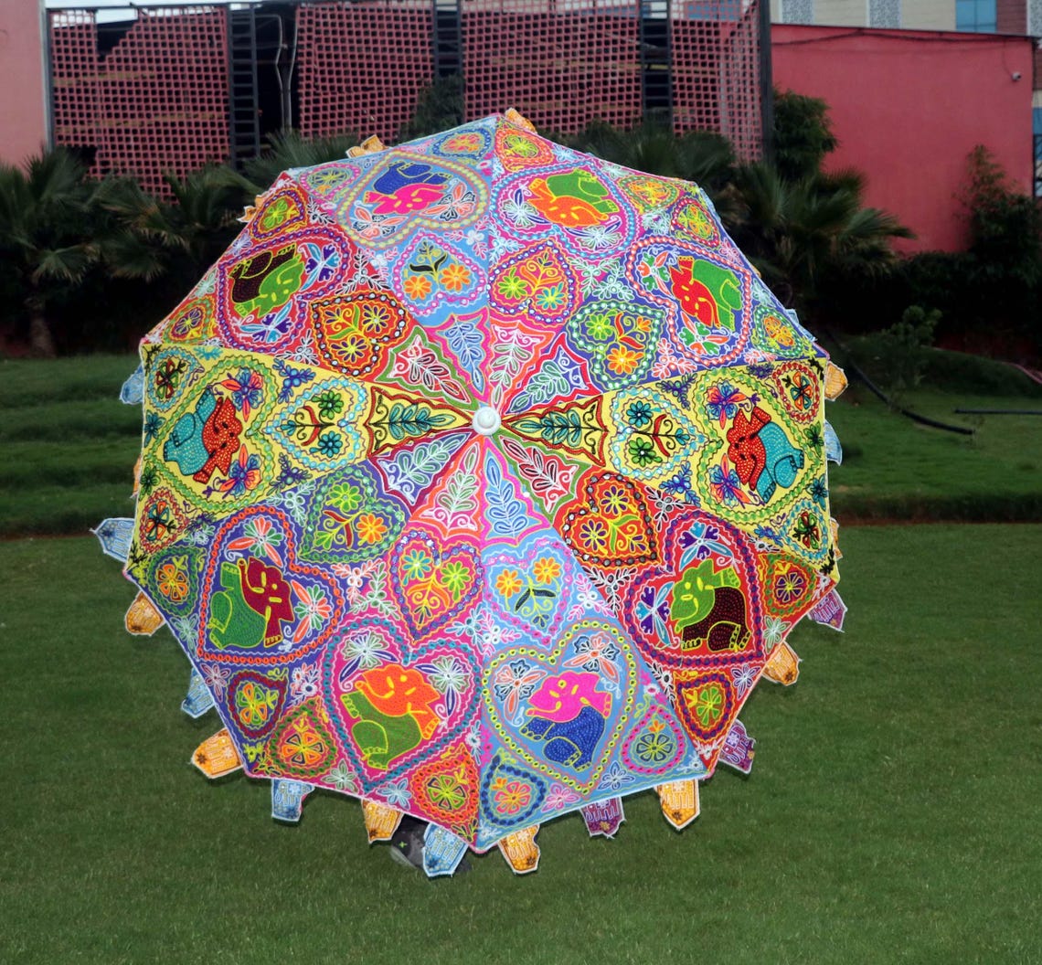 Embroidery Elephant Printed Design Garden Parasol Handmade Multi Colour ...
