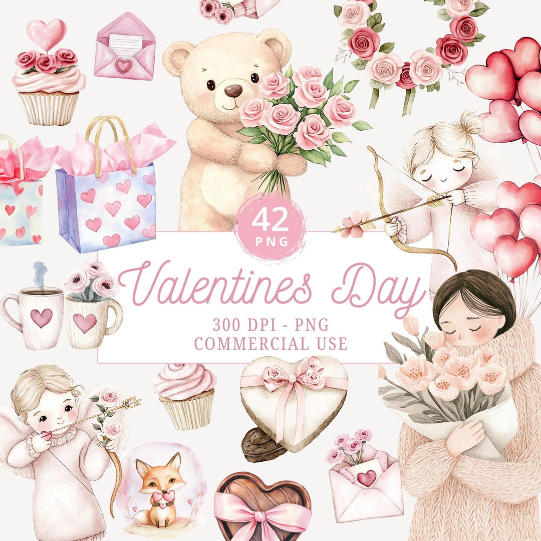 Watercolor Valentines Day Clipart Pink, Red Roses, Love Notes, Romantic ...