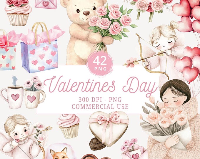 Watercolor Valentines Day Love Clipart. Hand Painted Red and Pink ...