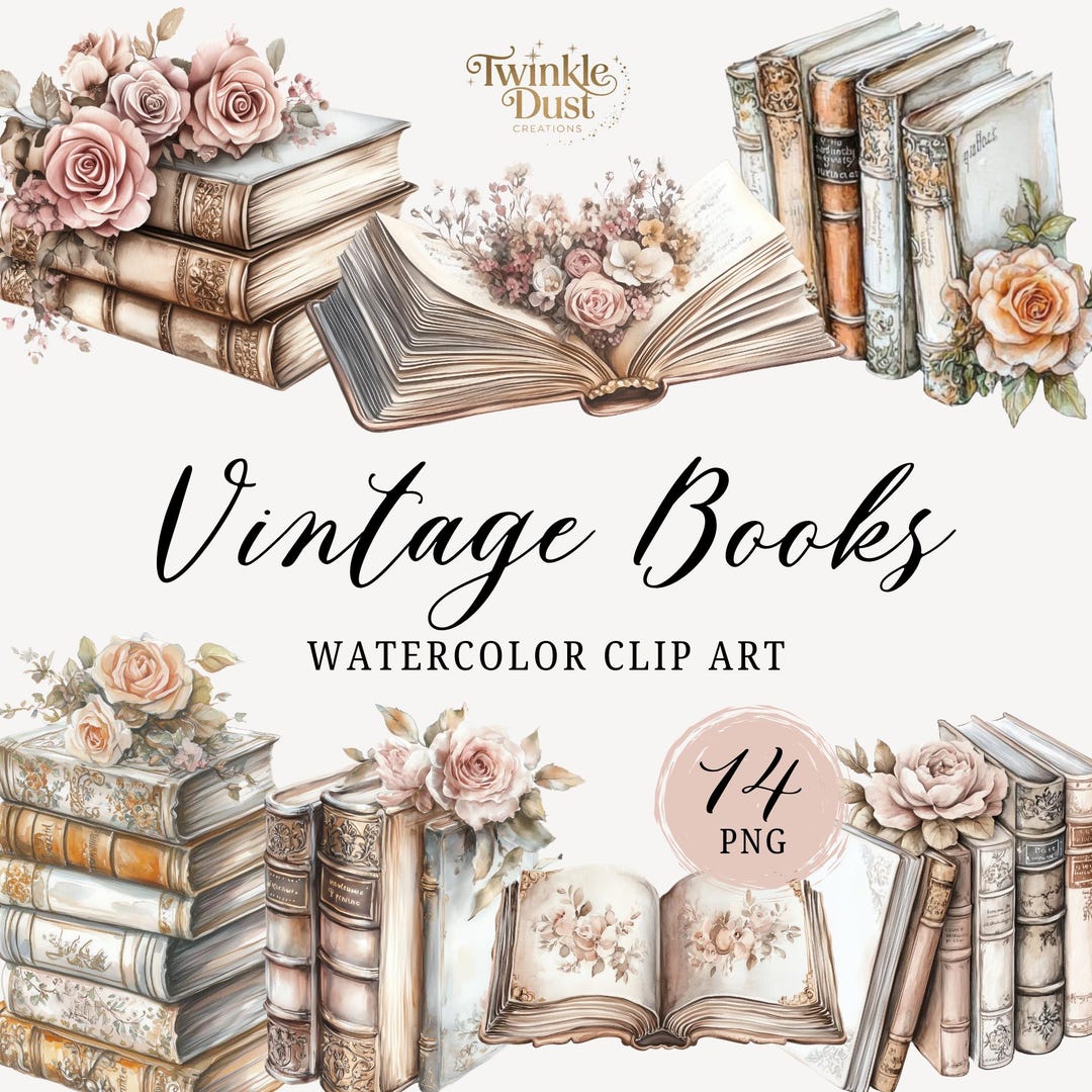 Watercolor Vintage Books Clipart, Book Clip Art, Book Lover, PNG ...