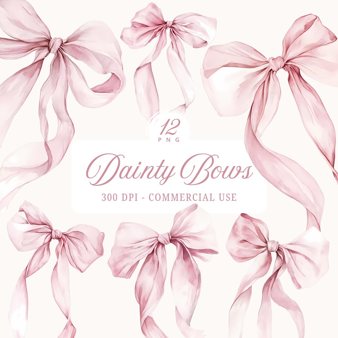 Pink Watercolor Bow Clipart: Dainty Pastel PNG Graphics (digital ...