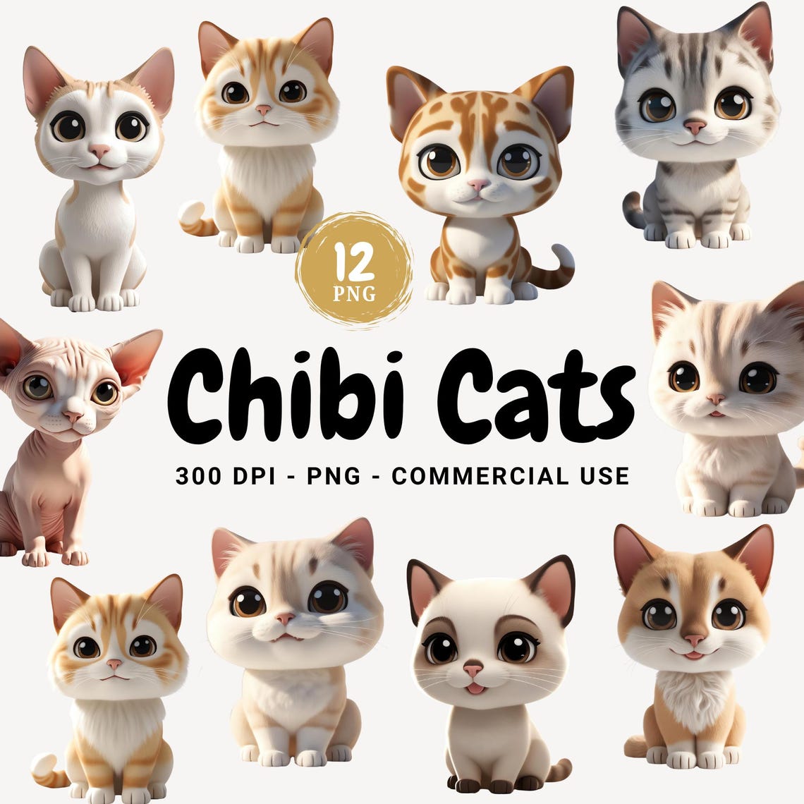 Chibi Cats Clipart Bundle, Cute Cat PNG, Kitten Graphics, Happy Baby ...