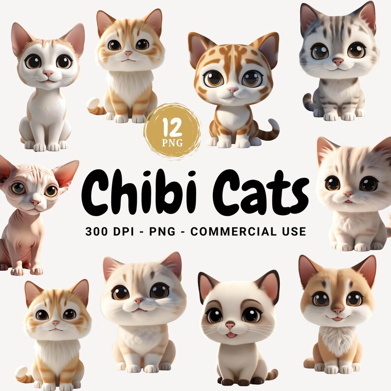 Chibi Cats Clipart Bundle, Cute Cat PNG, Kitten Graphics, Happy Baby ...
