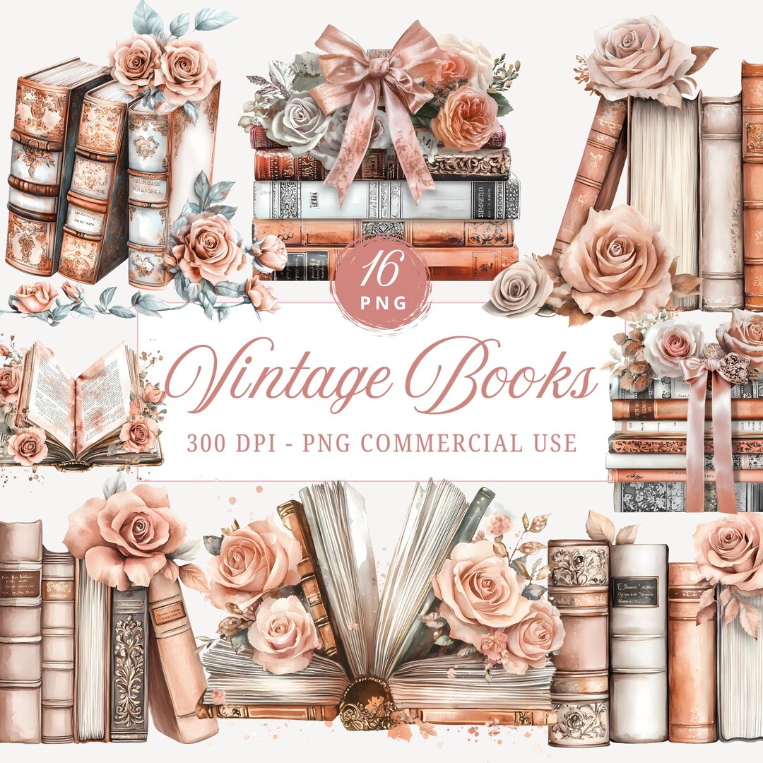 Watercolor Vintage Books Clipart, Floral Book Clip Art, Book Lover, PNG ...