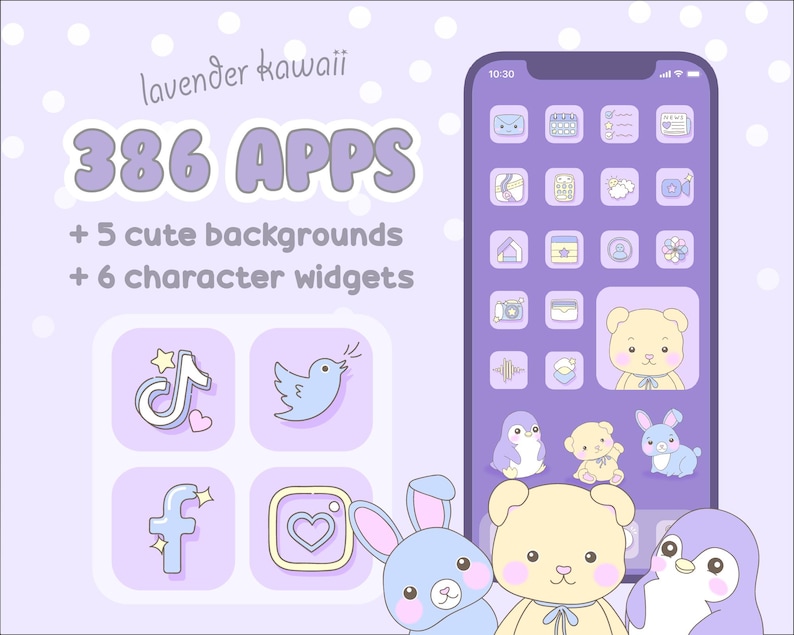 Icon Pack Cute Kawaii Aesthetic Icons - Lavender Purple - Doodle Hand ...
