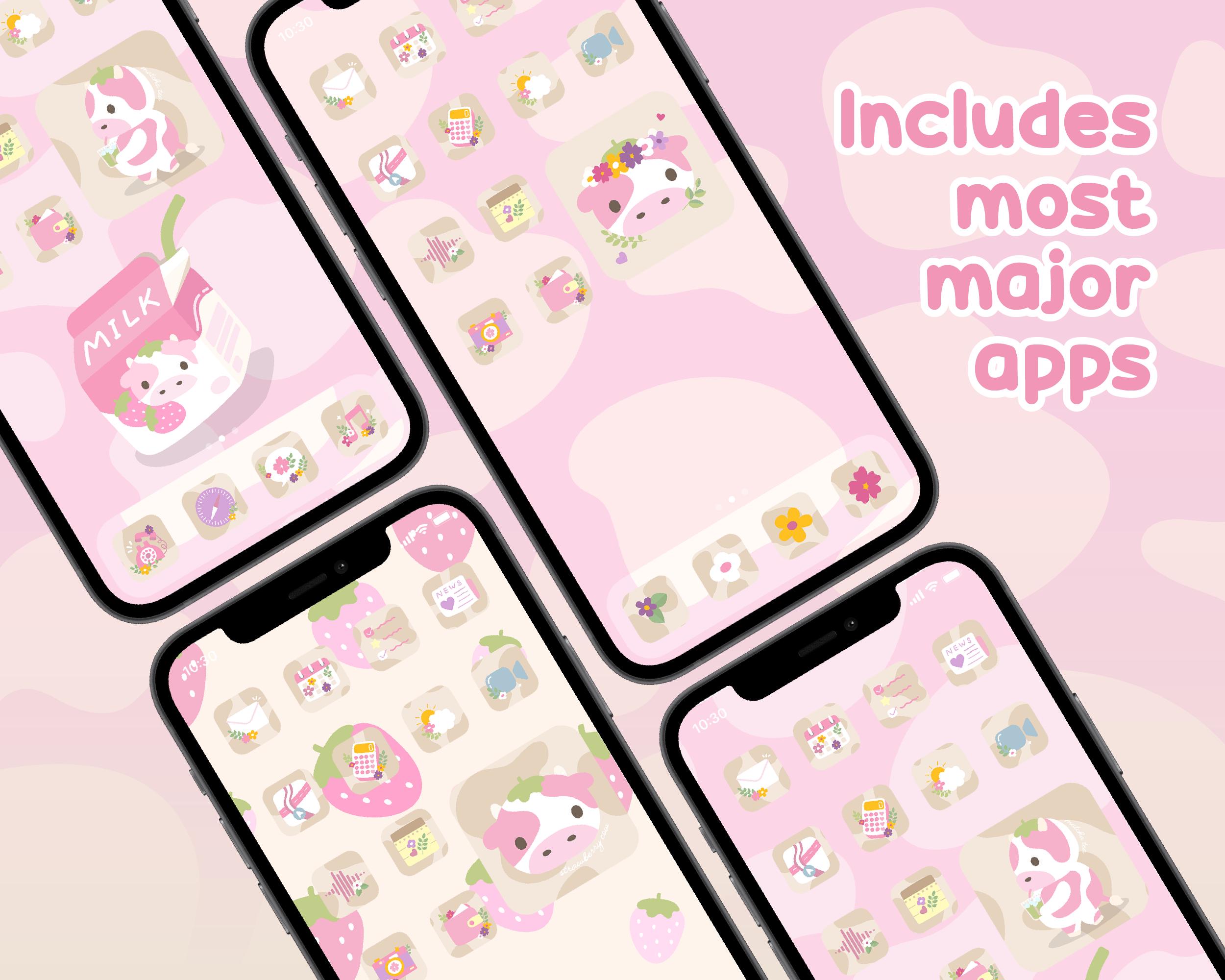 Icon Pack Cute Kawaii Aesthetic Icons - Strawberry Cow - Pink Beige ...