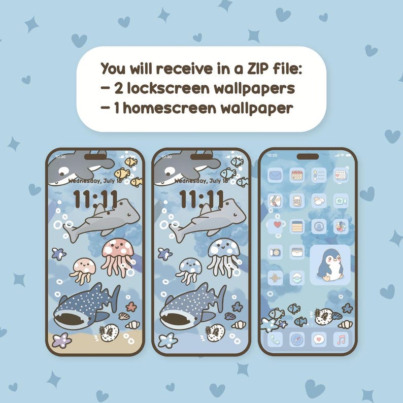 Cute Wallpapers Kawaii Aesthetic - Ocean Water Animals - Blue Hand ...