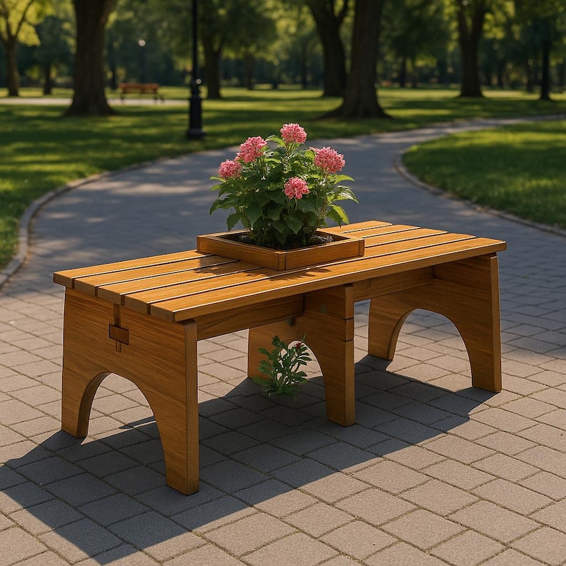 Modern Interlocking Outdoor Bench With Center Planter | CNC Cut Plywood ...