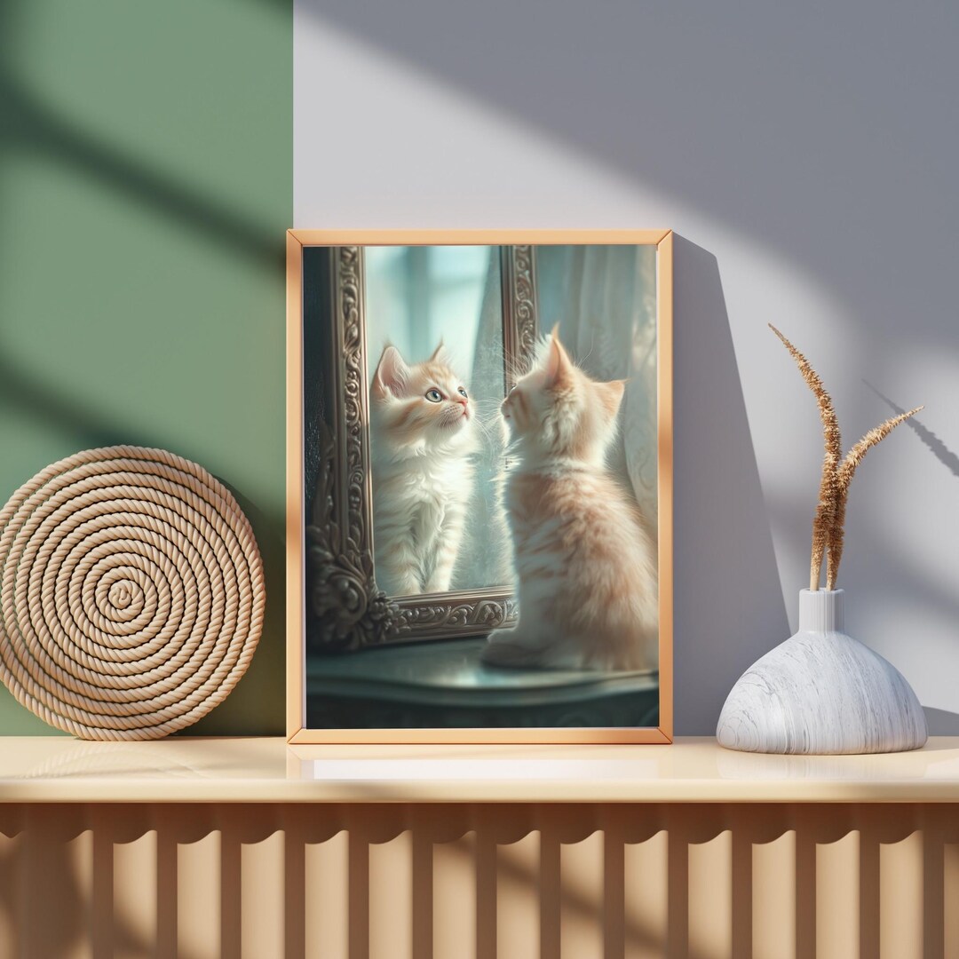 Kitten Mirror Reflection Art Print | Playful Cat Portrait (digital ...