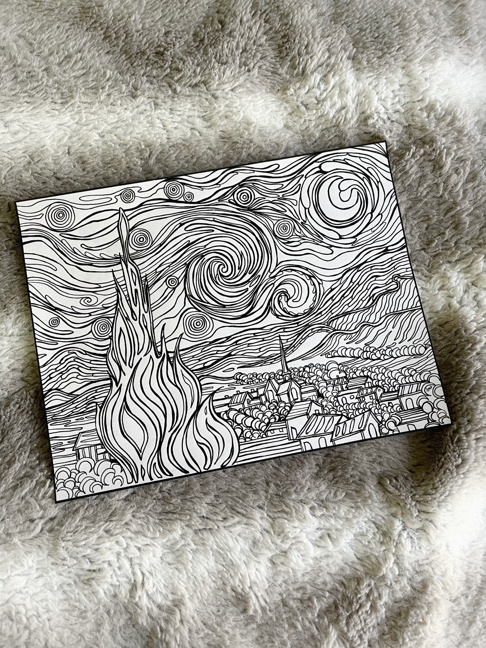 The Starry Night Printable Coloring Page, Adult Coloring Page, Vincent ...