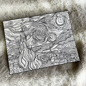 The Starry Night Printable Coloring Page, Adult Coloring Page, Vincent ...