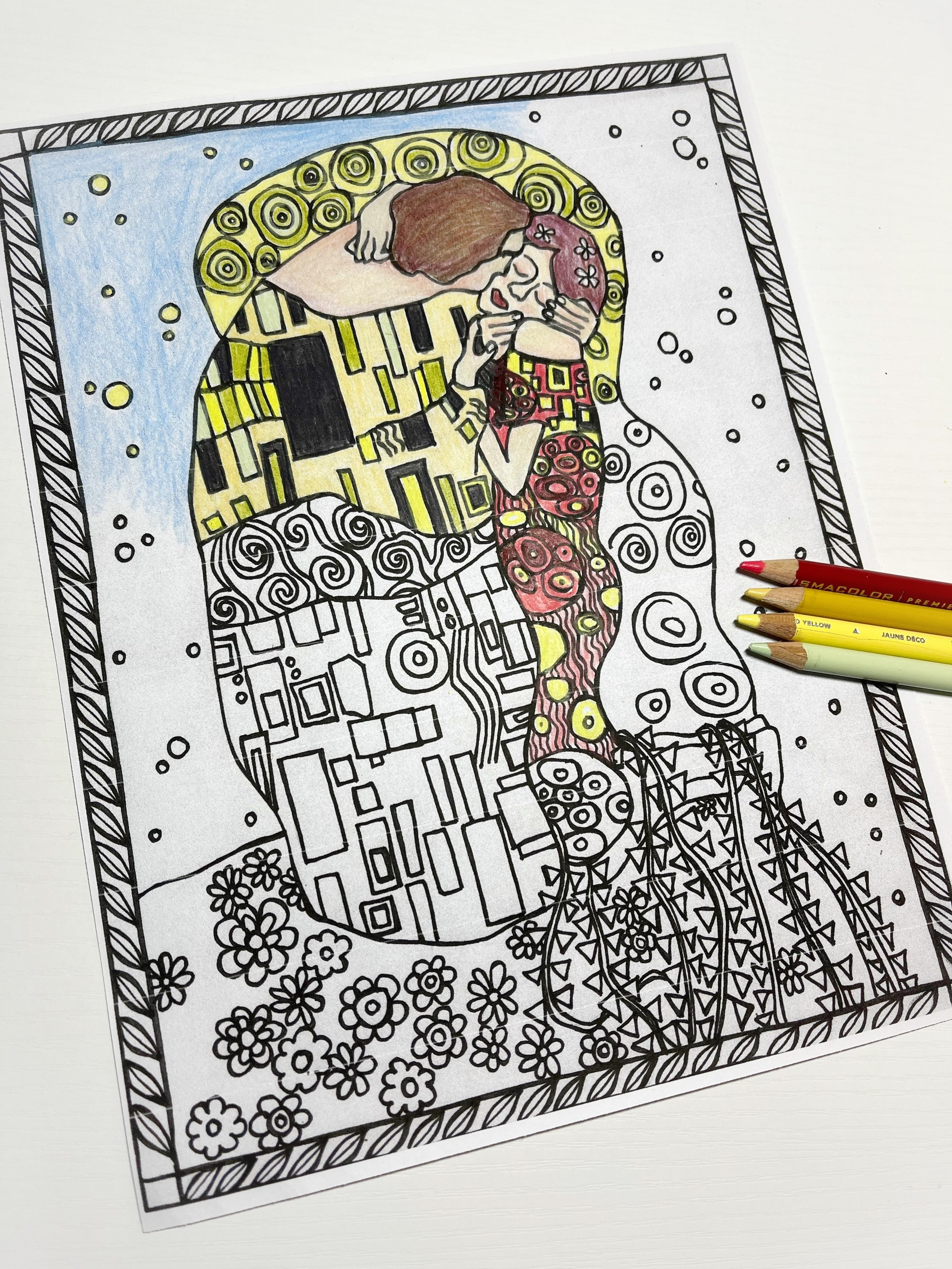 Gustav Klimt the Kiss Printable Coloring Page, Adult Coloring Page ...