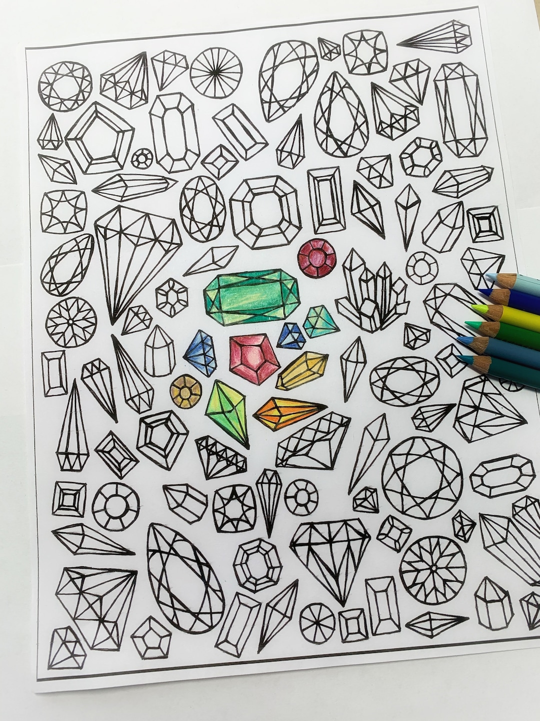 Gemstones Printable Coloring Page, Crystals and Gemstones Line Art ...