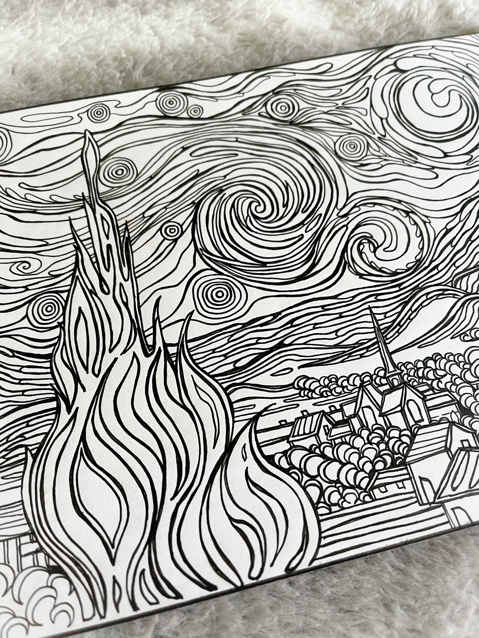 The Starry Night Printable Coloring Page, Adult Coloring Page, Vincent ...