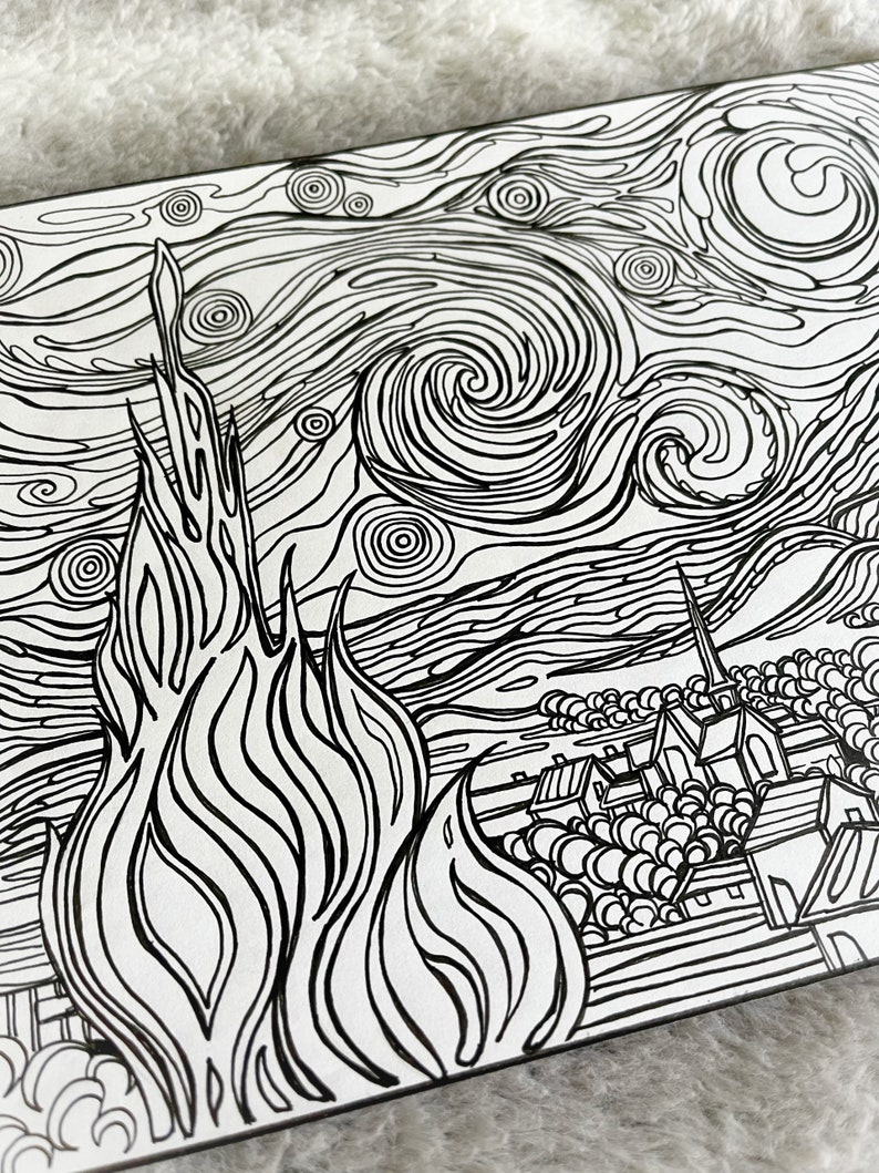 The Starry Night Printable Coloring Page, Adult Coloring Page, Vincent ...