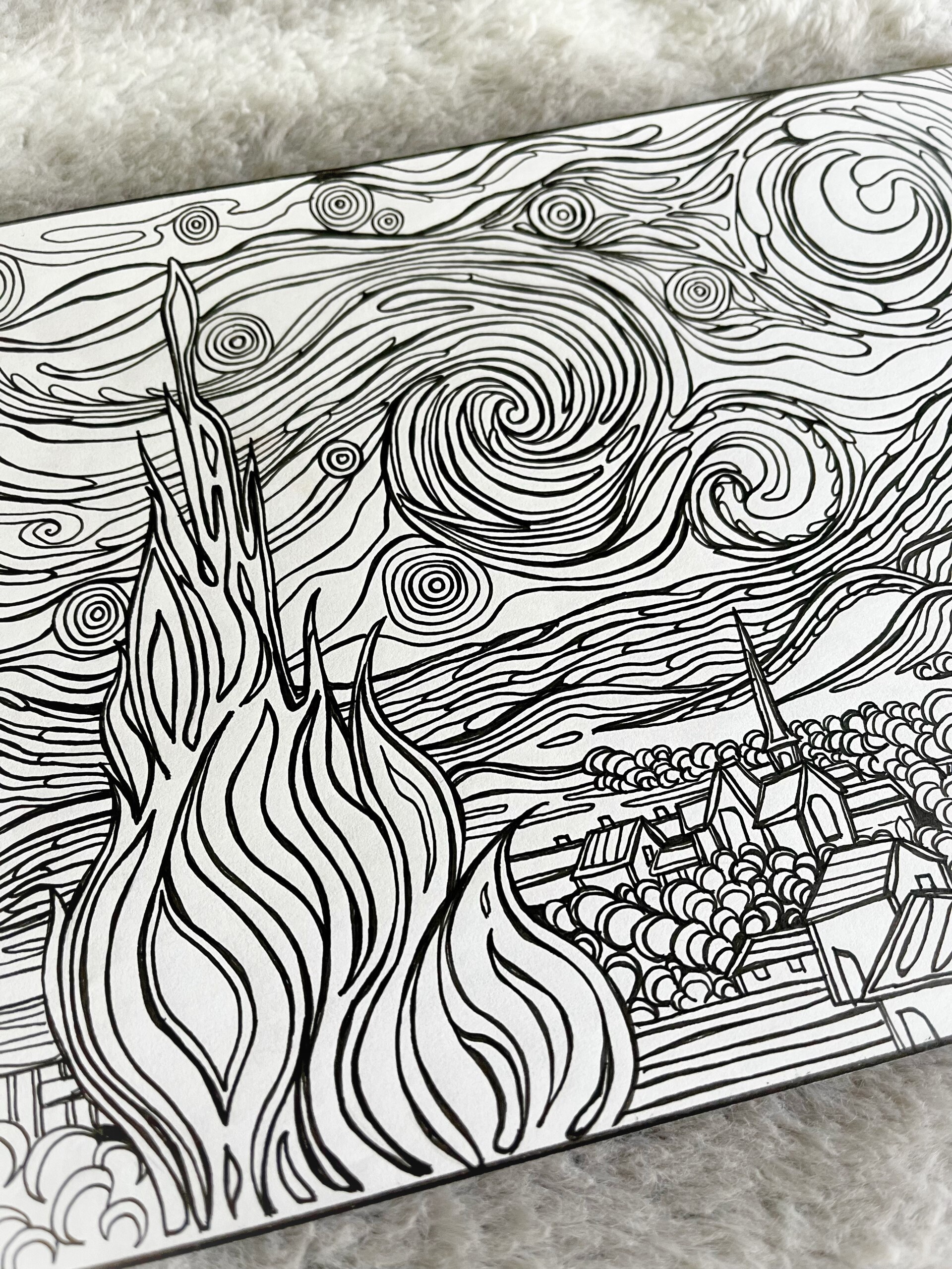 The Starry Night Printable Coloring Page, Adult Coloring Page, Vincent ...