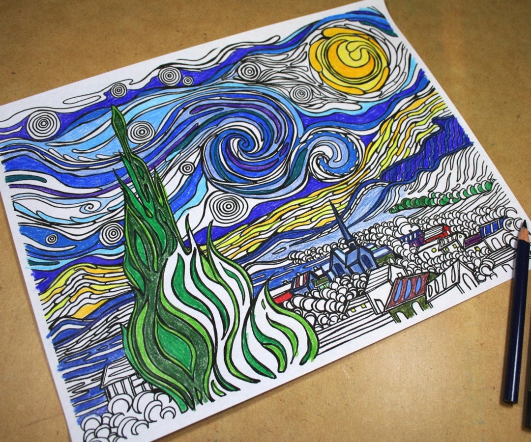 The Starry Night Printable Coloring Page, Adult Coloring Page, Vincent ...