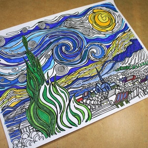 The Starry Night Printable Coloring Page, Adult Coloring Page, Vincent ...