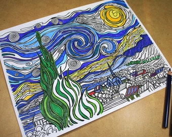 Starry Night Coloring Page - Etsy