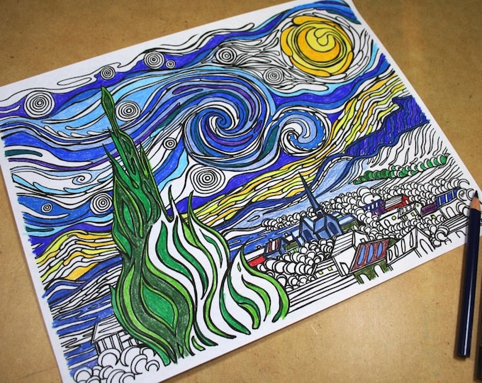 The Starry Night Printable Coloring Page, Adult Coloring Page, Vincent ...