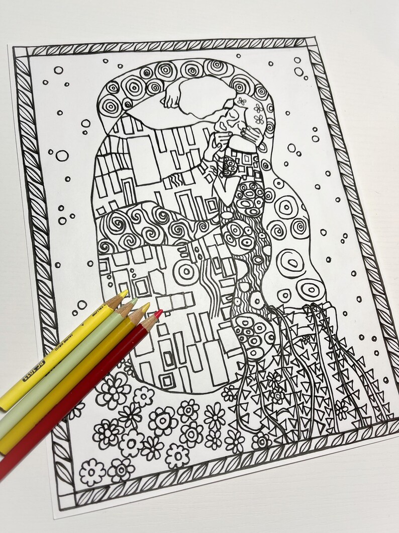 Gustav Klimt the Kiss Printable Coloring Page, Adult Coloring Page ...