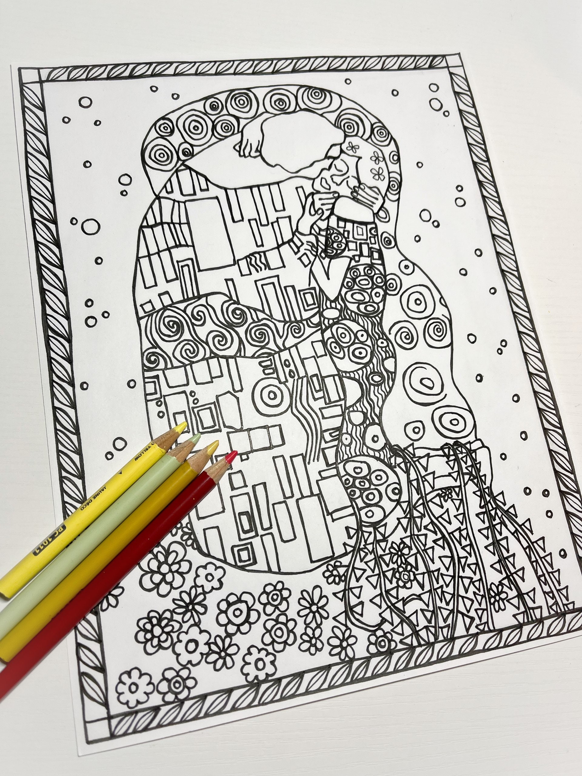 Gustav Klimt the Kiss Printable Coloring Page, Adult Coloring Page ...