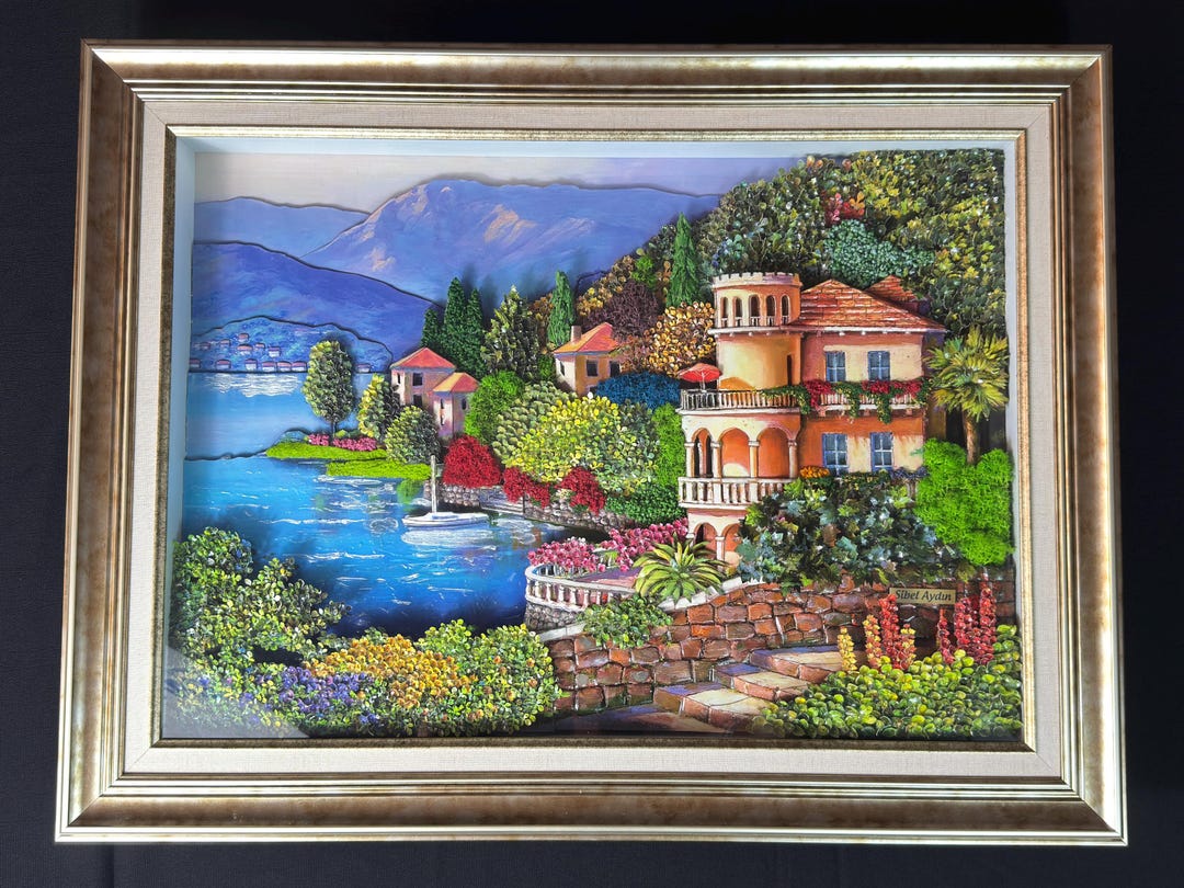 Handmade 3D Lakefront Italian Villa Wall Art – Handcrafted Relief Paper ...