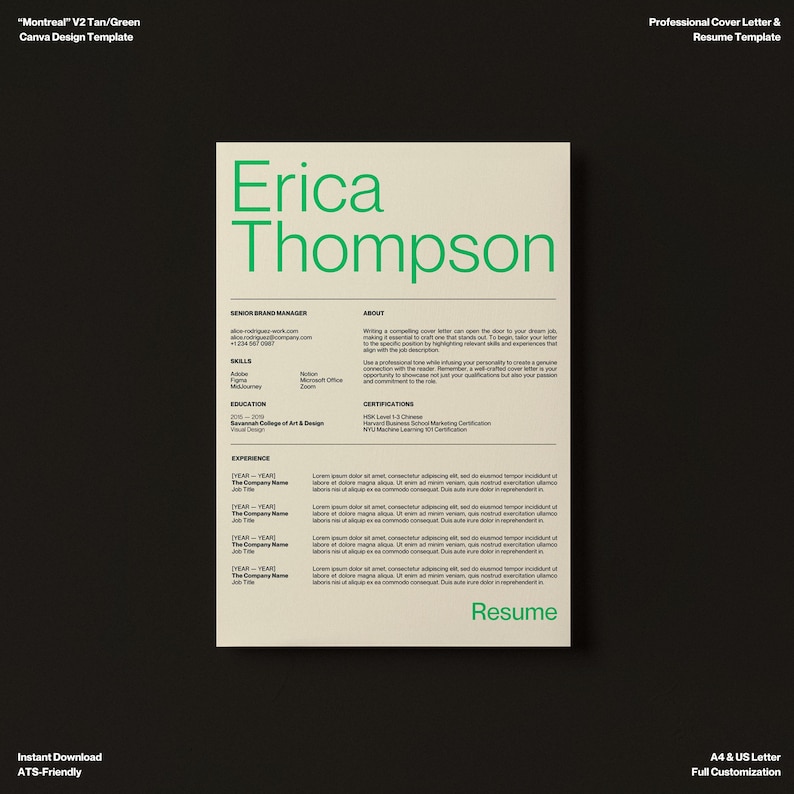 Minimalist Resume Template, Clean Creative CV Design (canva, A4 & US ...