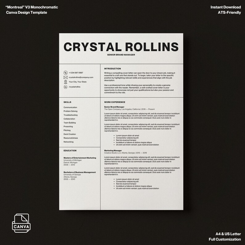Minimalist Resume Template, Clean CV Design, Cover Letter (canva ...