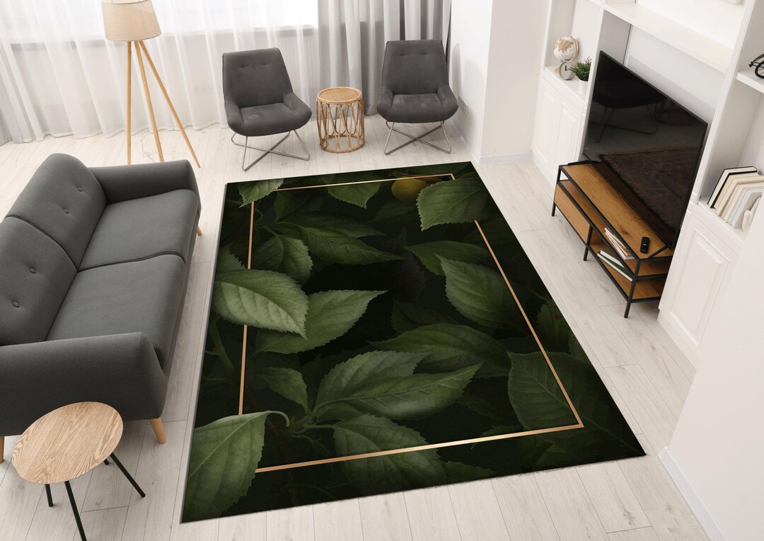 Forest Theme Rug, Dark Green Tropical Leaf Patterned Carpet, Green Leaf ...