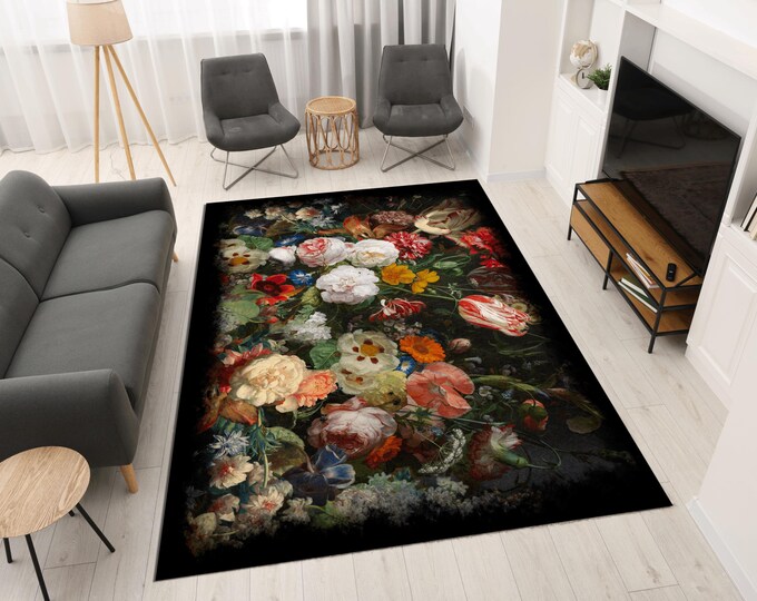 Black and Red Gothic Flowers Rug, Handmade Gothic Floral Rug, Boho ...