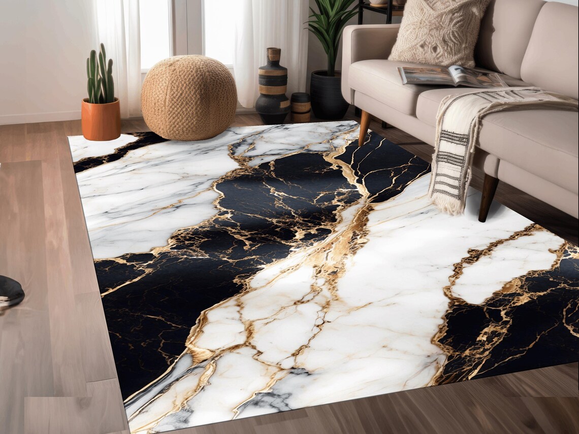 Luxury Black Gold Marble Rug , Oil Painting Design Rug, Abstract Rug ...