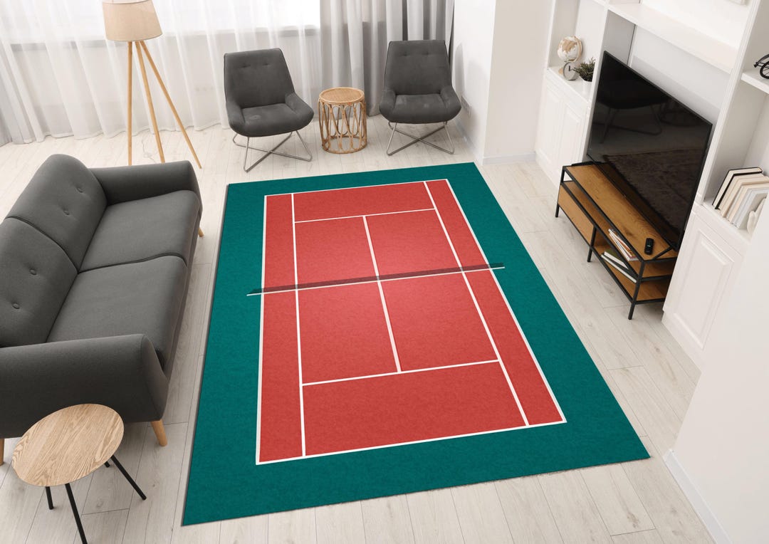 Tennis Court Printed Rug, Tennis Rocket Rug, Luxury Tennis Decors ...